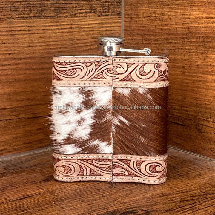 Handmade 8oz Rustic Hand Tooled Leather Flask Cover Durable Hair on ...