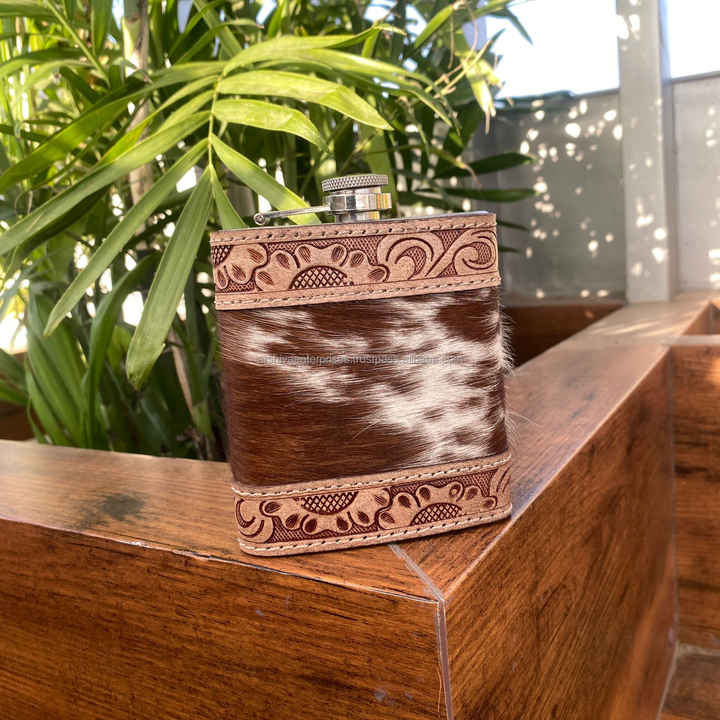 Handmade 8oz Rustic Hand Tooled Leather Flask Cover Durable Hair on ...