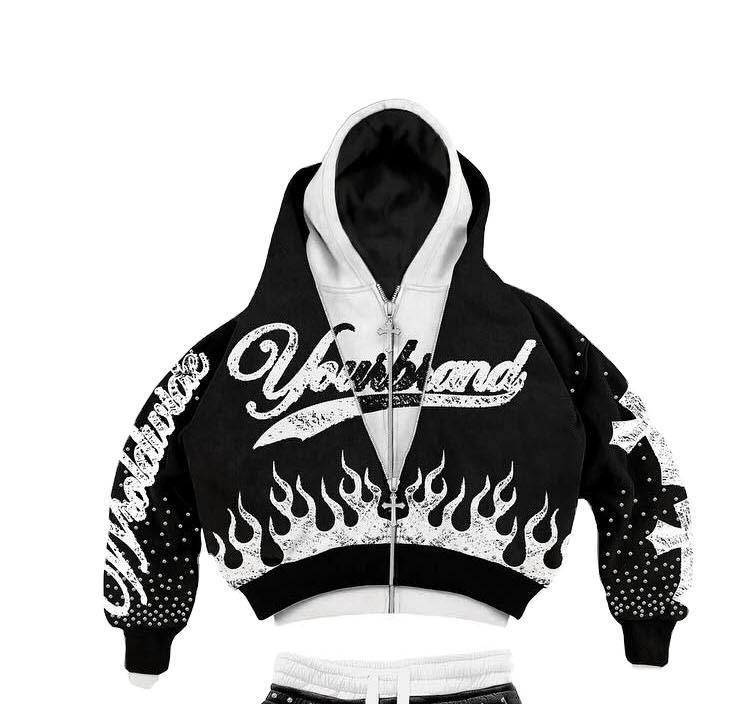 Custom Tracksuit Set Black White Flame Print Hooded Full Sleeve ...