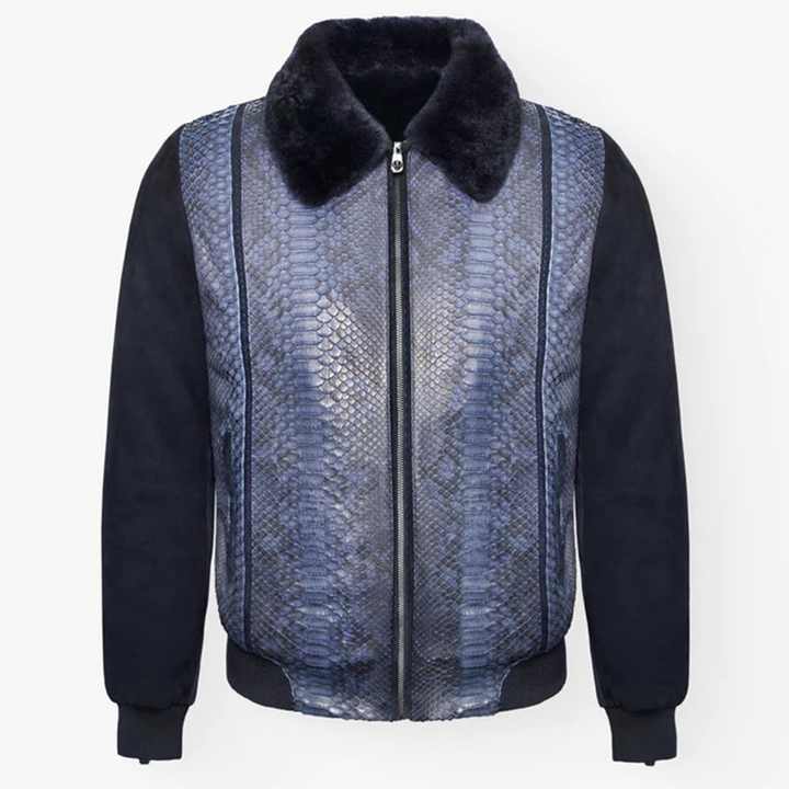 Black Leather Bomber Jacket for Men's Cow Skin Python Embossed Black ...