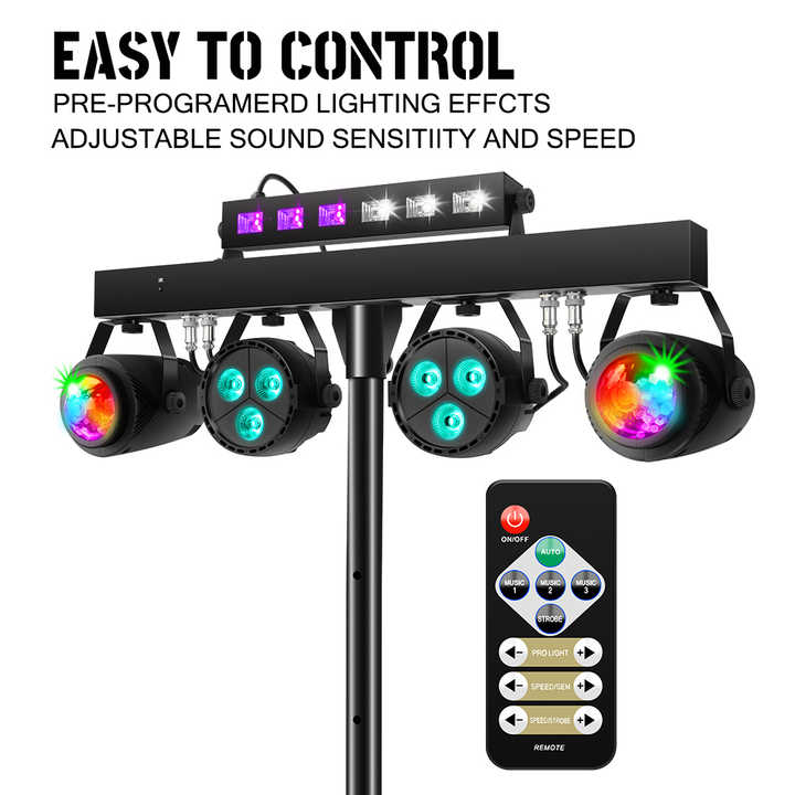 5 in 1 DJ Lights With Stand Stage Party Bar Light Set LED Par Strobe UV Sound Activated Lighting ...
