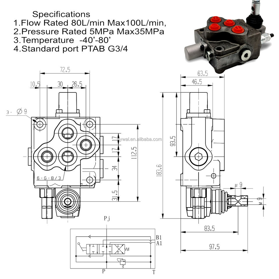 250 Bar SD5 Series Single Acting 3/8" Hydraulic Monoblock Directional ...