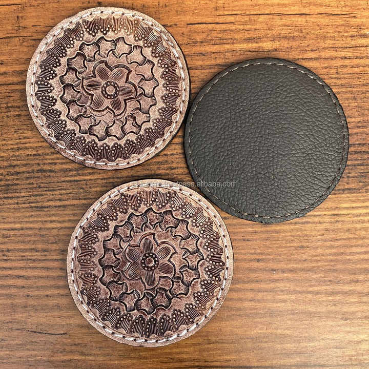 2025 Trending Hand Tooled Leather Coaster Set with Stand 4 Pcs Round ...