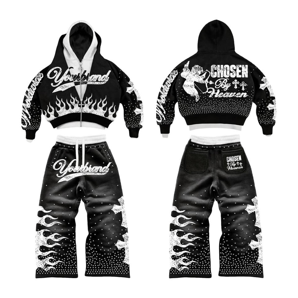 Custom Tracksuit Set Black White Flame Print Hooded Full Sleeve ...