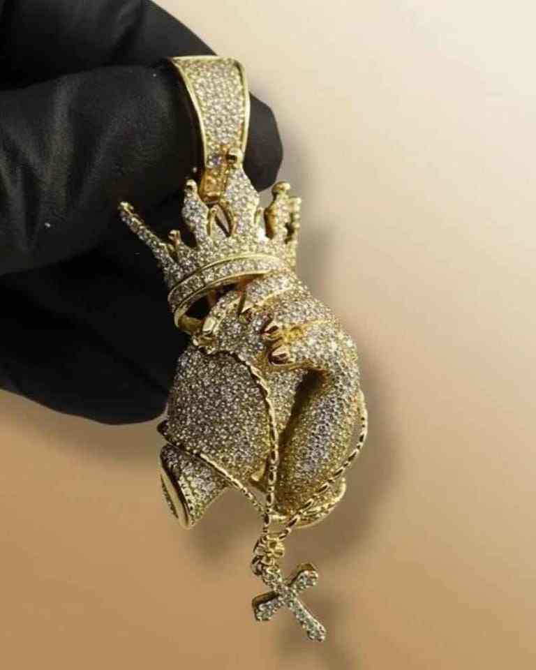 Iced Out Crowned Rose Pendant Gold Plated CZ Diamond Rose Flower ...