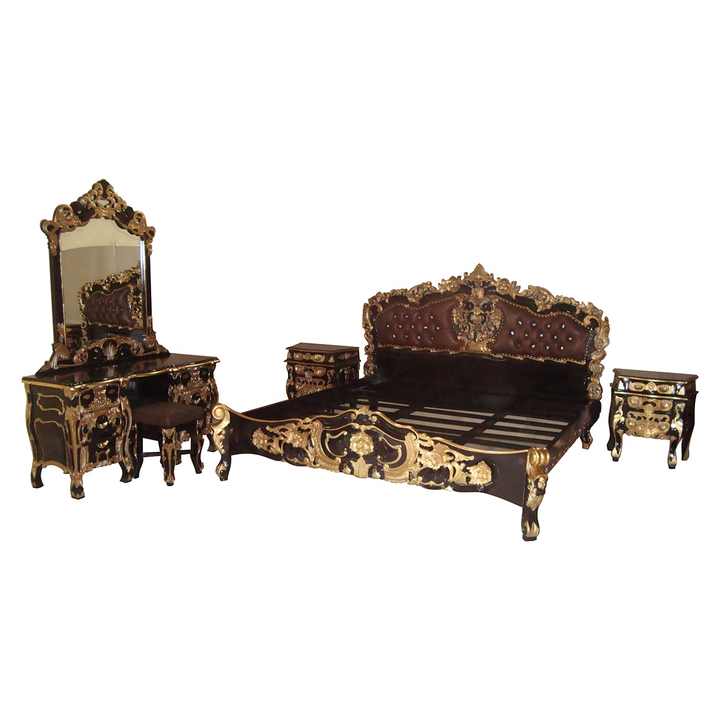 French Style Rococo Bedroom Set - Tufted Headboard in Leather