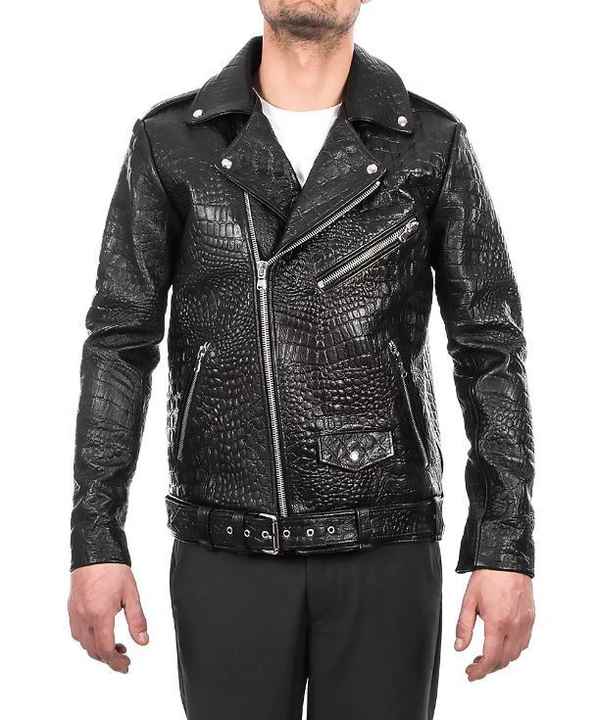 Men Biker Alligators Embossed Motorcycle Crocodile Print Black Leather Jackets High Quality OEM ...