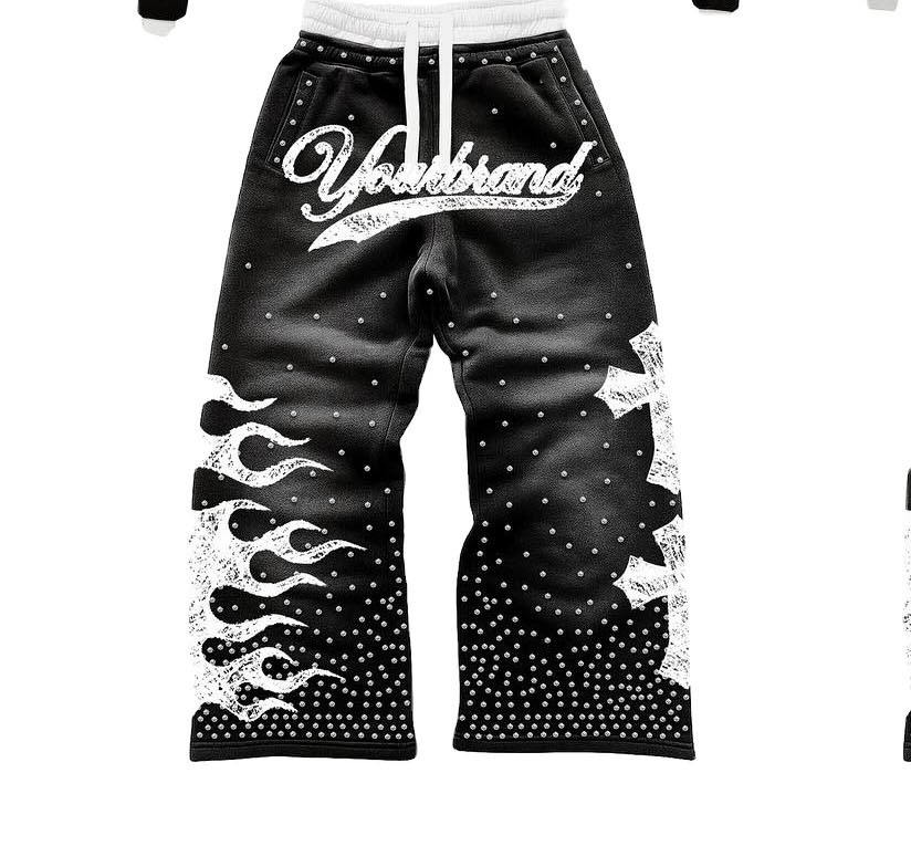 Custom Tracksuit Set Black White Flame Print Hooded Full Sleeve ...