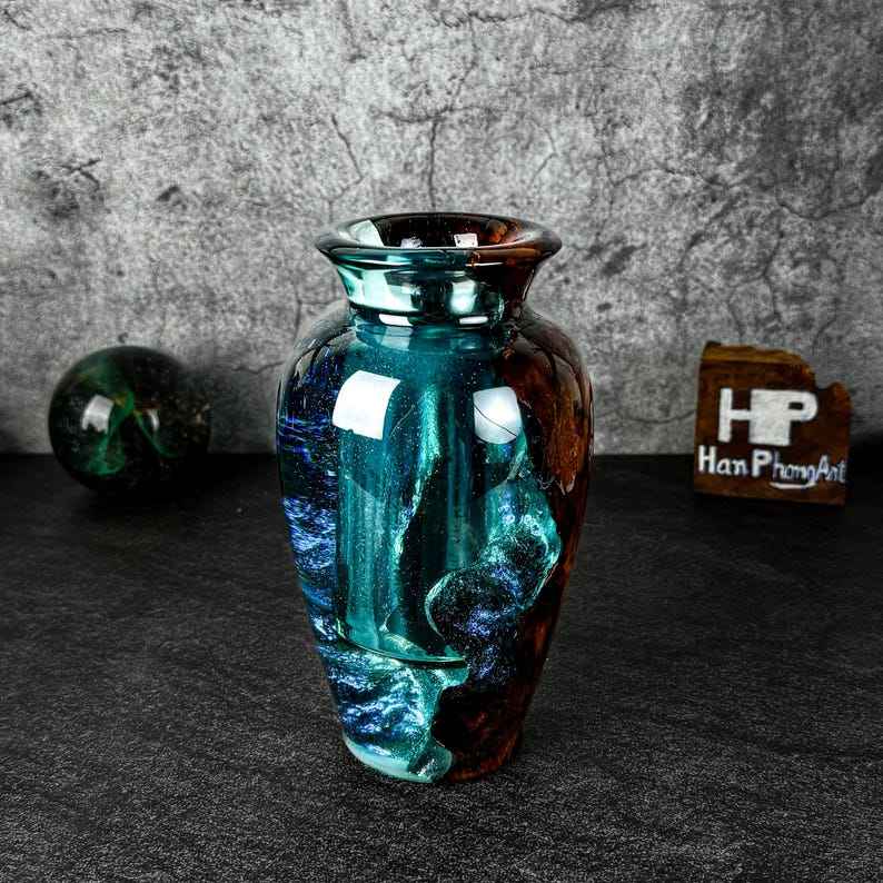 Handmade Epoxy Resin Flower Vase: Modern Rustic Wood Decor Blue ...