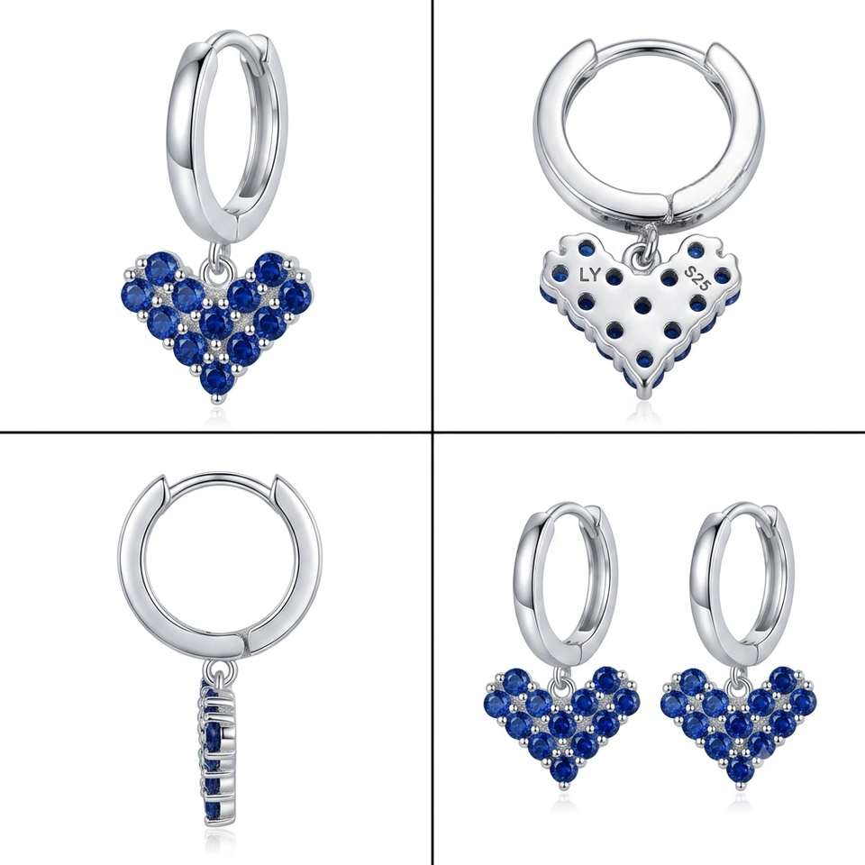 S925 Silver Rhodium Plated Luxury Heart Drop Hoop Earrings Lab Blue ...