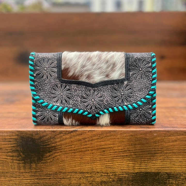 Women's Tooled Leather Turquoise Laced Wallet - Aryan Exports