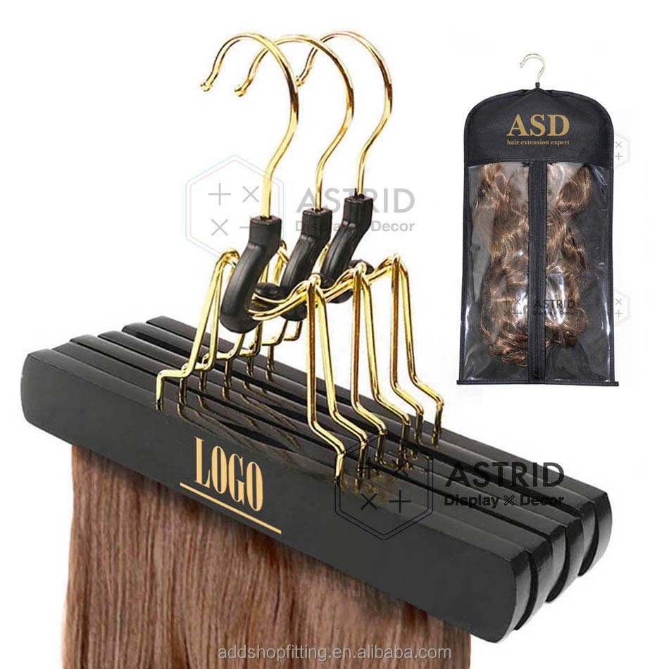 Custom Luxury Black Wooden Hair Extension Hanger – 23 CM Foldable ...