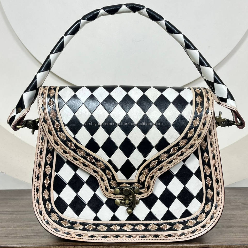 Women Fashion Hand-Tooled Checkered Leather Crossbody Bag Western Style ...