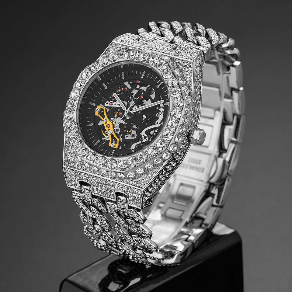 Iced Out Moissanite Mechanical Watch Automatic Skeleton Dial Stainless ...