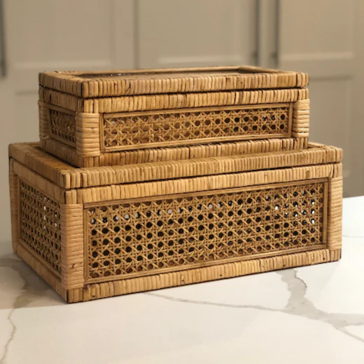 Wholesale Rattan Storage Boxes with Glass Lid from Vietnam