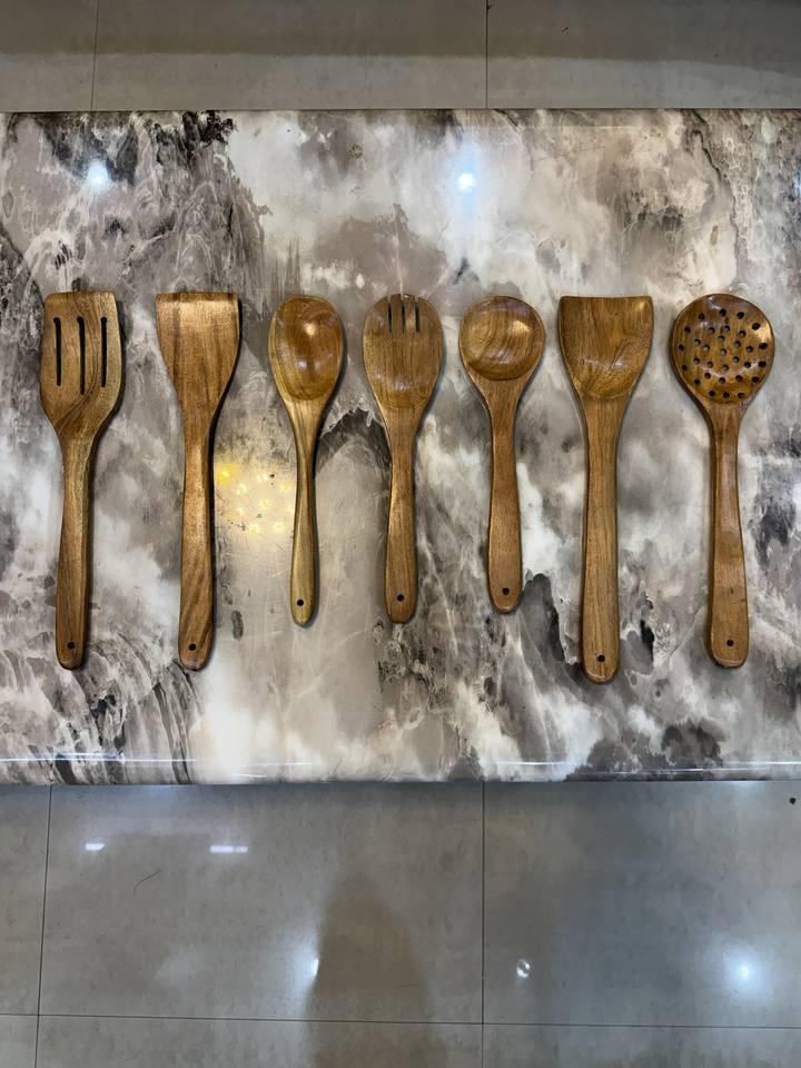 Wooden Kitchen Utensil Set Teak Brown Cooking Tools with Holder Non ...