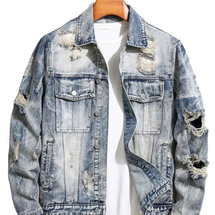 Men Denim Jackets Acid Washed Distressed for Men With Full ...