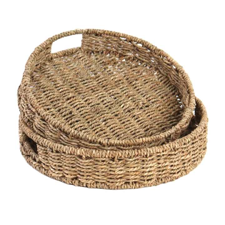 Handwoven round Seagrass Serving Trays with Wood Handles Vietnam-Made ...