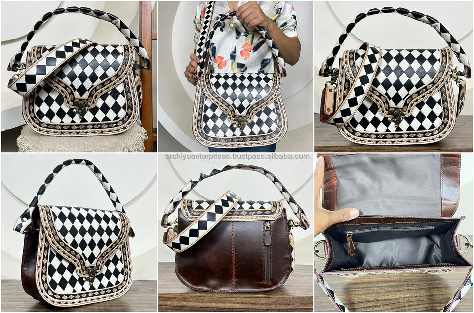 Women Fashion Hand-Tooled Checkered Leather Crossbody Bag Western Style ...