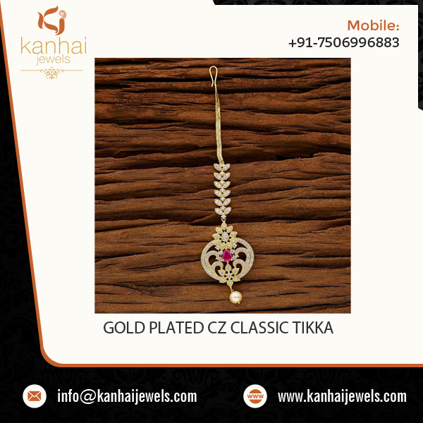 Antique Gold Plated - Tikka Forehead Jewelry - Ruby Crystal