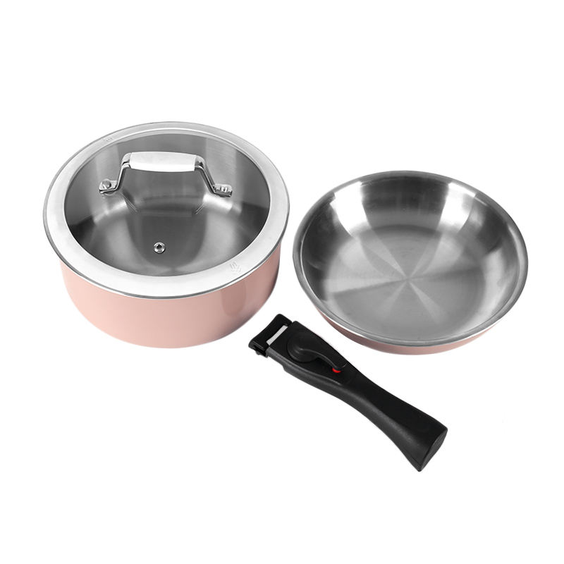 3 Pieces Pink Color Space Saving Stainless Steel Cookware Set