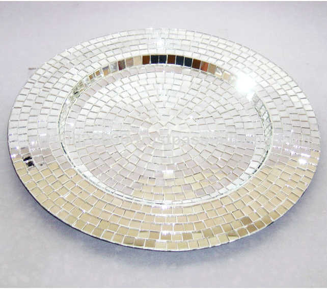 Mosaic Round Mirror Charger Plates Decorated Silver Mirrored Glass ...