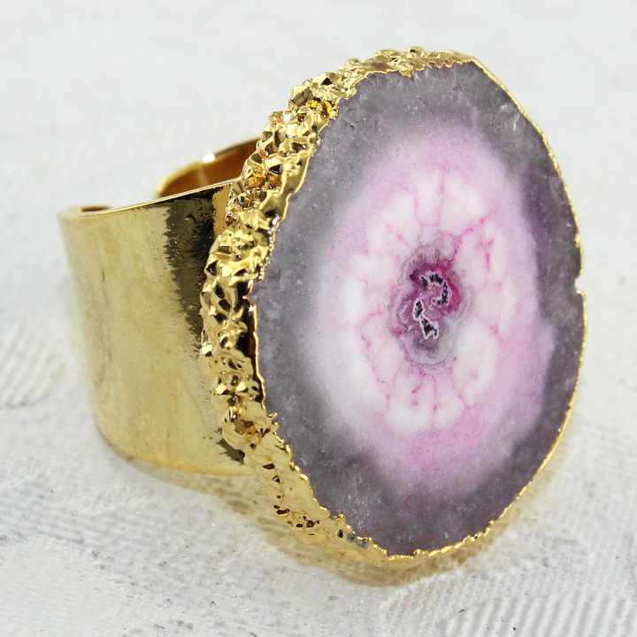 Special design natural lite pink solar quartz unisex ring brass 24k ...