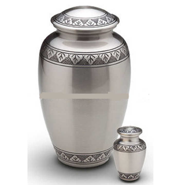 Metal Cremation Urn with Heart Band Carving - Memorial Keepsake