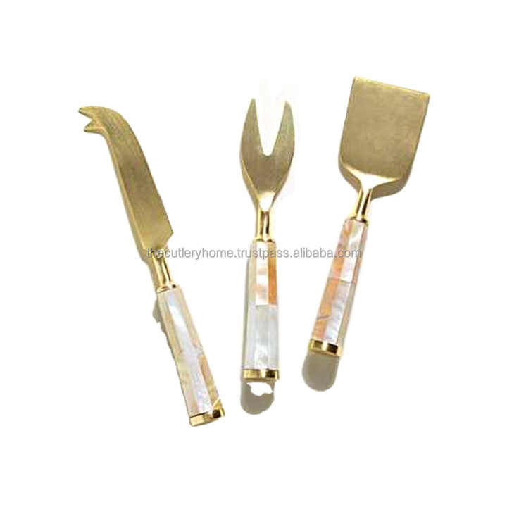 Golden Brass Luxury Cheese Set Royal Handmade White MOP Handmade Handle ...